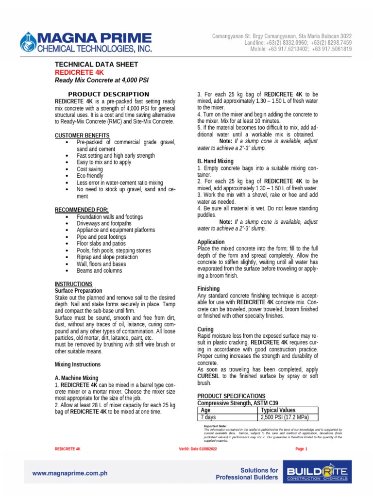 Redicrete 4K TDS Final1 | PDF | Concrete | Building Engineering