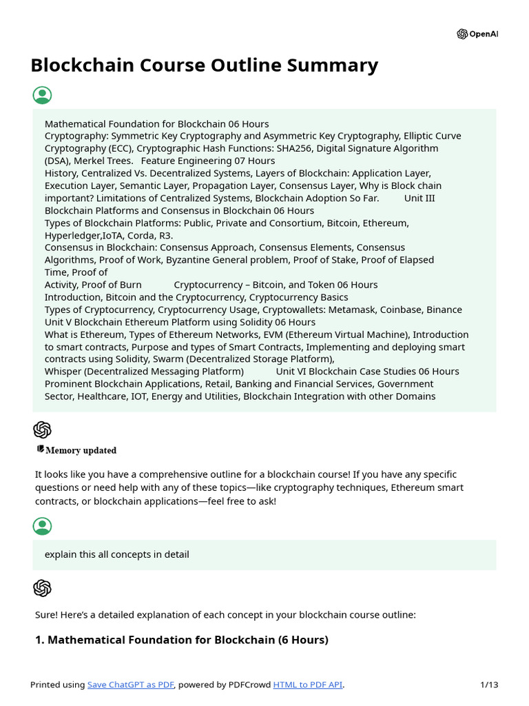 Blockchain Course Outline Summary: 1. Mathematical Foundation For Blockchain (6 Hours) | PDF ...