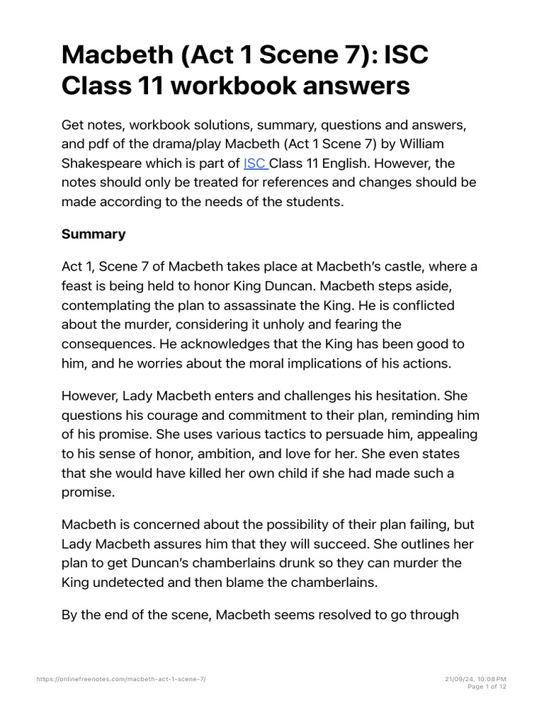 Macbeth (Act 1 Scene 7) - ISC Class 11 Workbook Answers | PDF | Macbeth ...