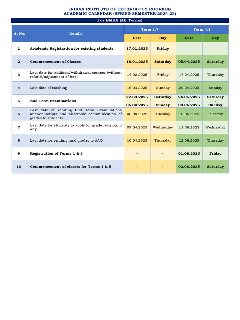 Academic Calendar - EMBA Spring Semester 2024-25 | PDF