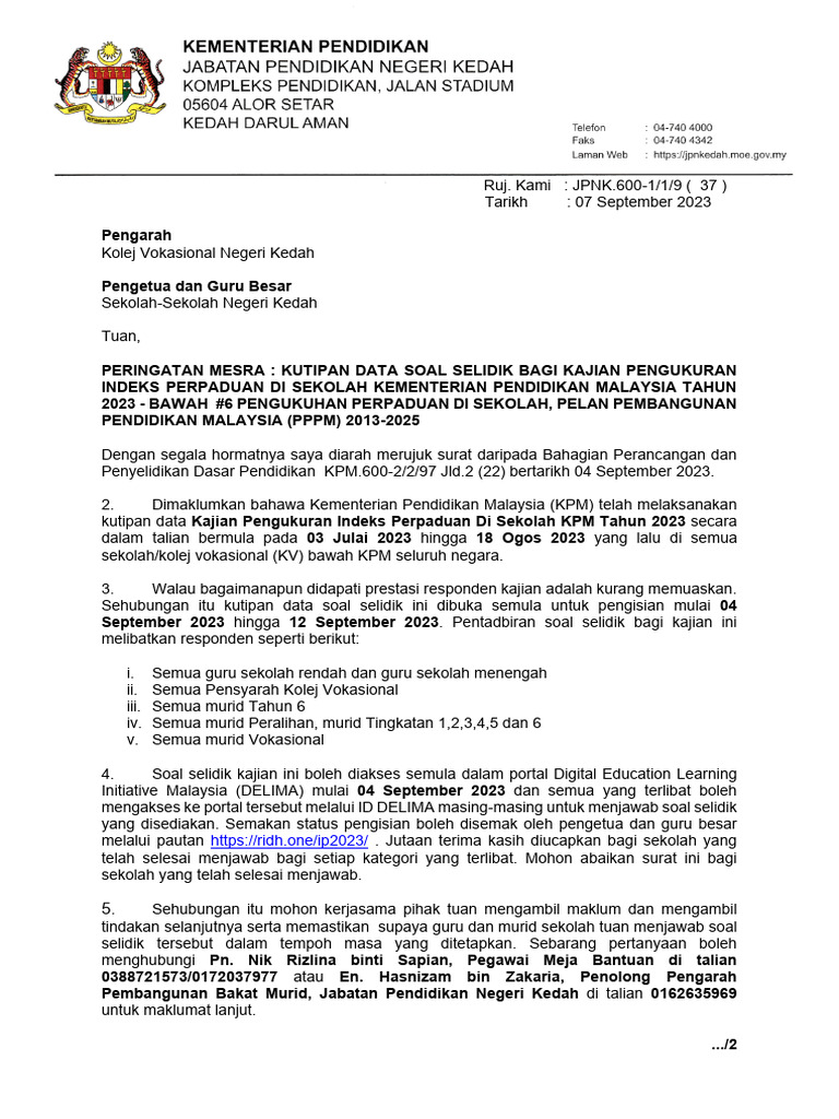 Peringatan Mesra Kutipan Data Soal Selidik Bagi Kajian Pengukuran Indeks Perpaduan Di Sekolah ...