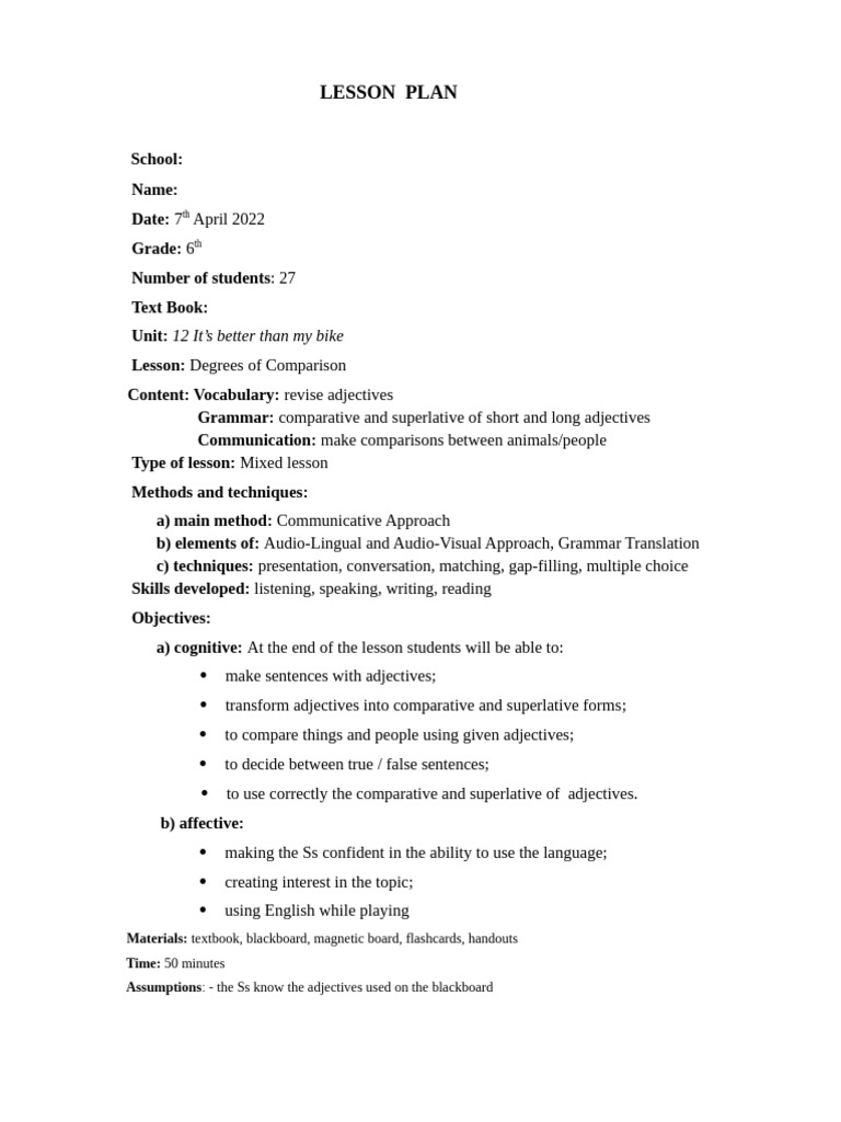 6th Grade Lesson Plan: Adjectives Comparison | PDF | Adjective | Linguistics