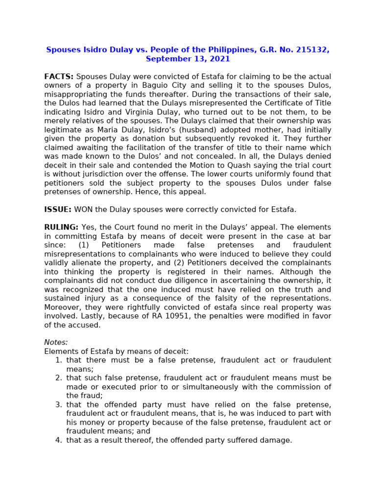 Dulay Spouses Convicted of Estafa | PDF | Fraud | Deception