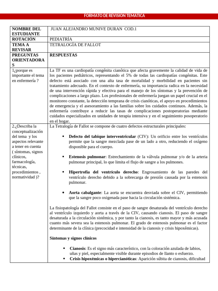 Revision Tematica Tetralogia de Fallot | PDF | Defecto cardiaco congenito | Medicina