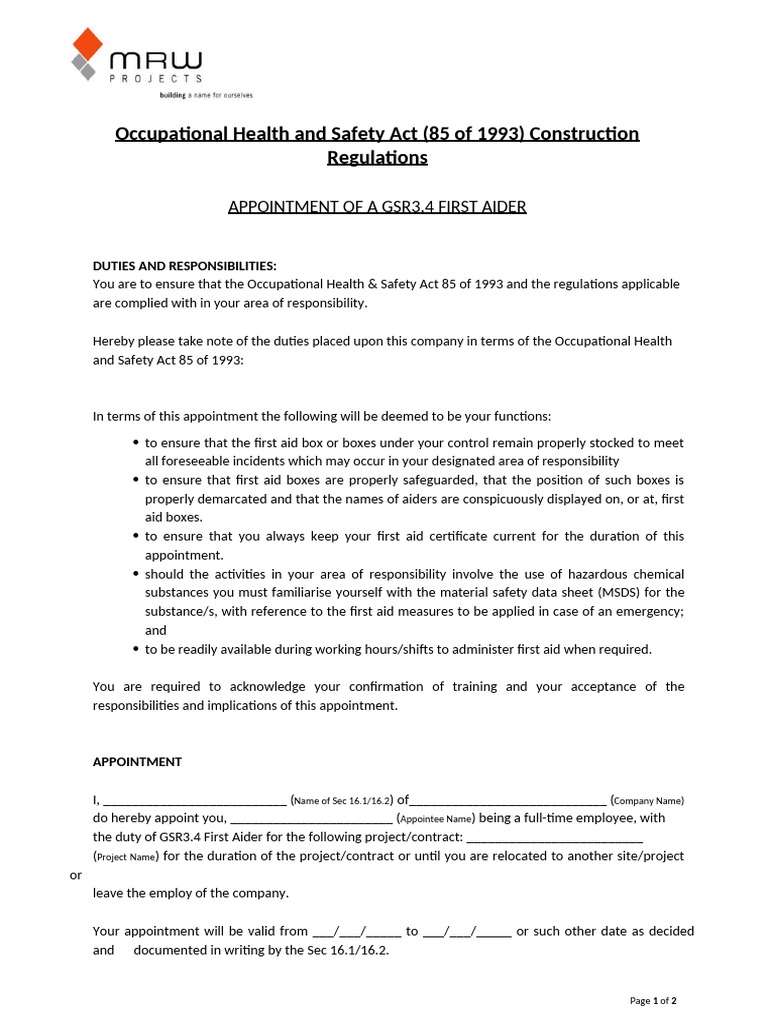 GSR 3(4) First Aider Appointment Letter | PDF | Occupational Safety And ...
