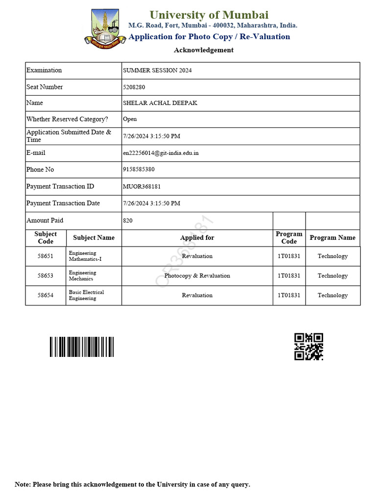 Application For Photo Copy / Re-Valuation: Acknowledgement | PDF