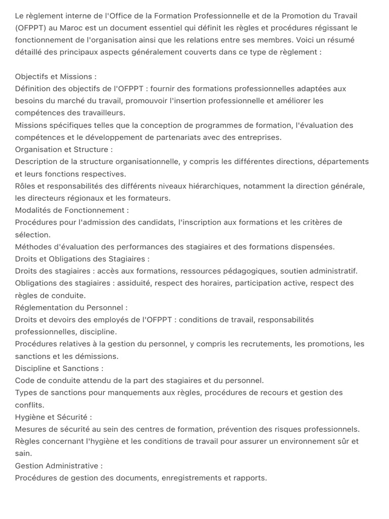 Règlement interne de l'OFPPT | PDF