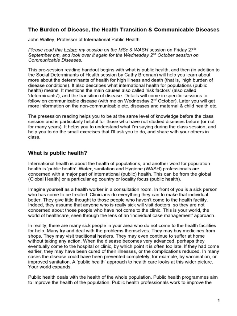 Burden of Disease and Health Transition, Pre Reading Handout MSC, WASH ...