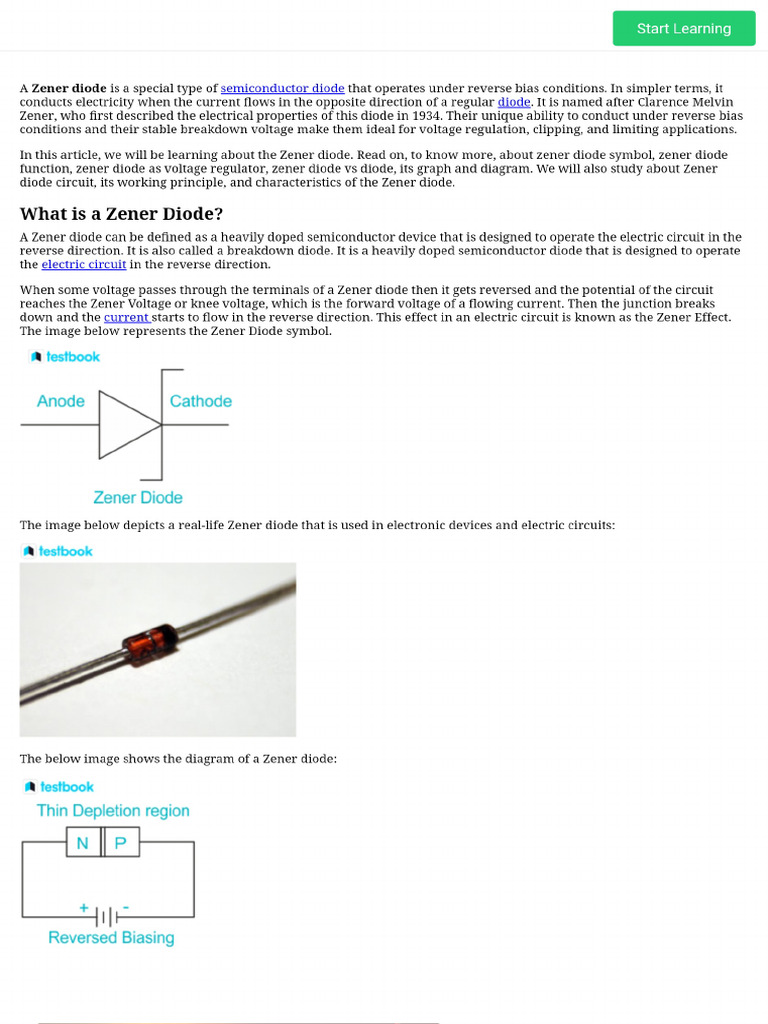 Zener Diode - Circuit Symbol, Working, V-I Characteristics, Uses | PDF