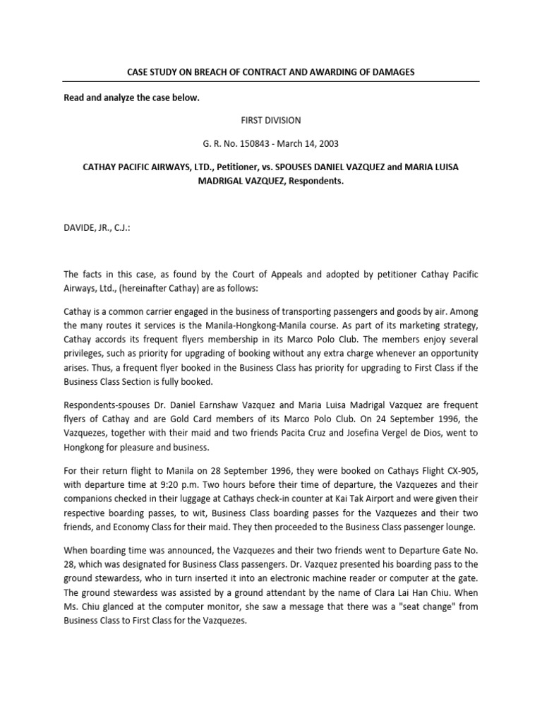 Case Study On Breach of Contract and Damages Cathay Pacific vs. Daniel Vasquez | PDF | Damages ...