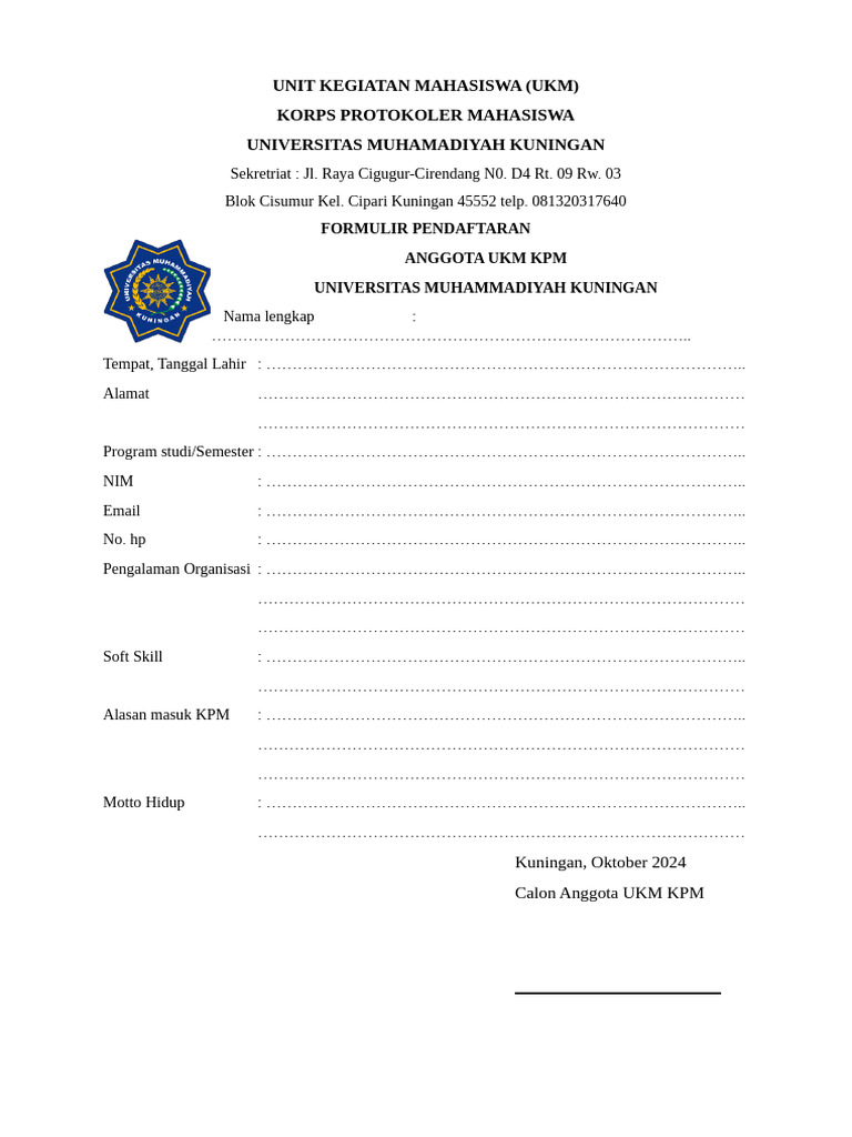 Formulir Pendaftaran Ukm Protokoler | PDF