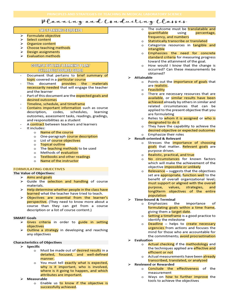 Planning and Conducting Classes | PDF | Goal | Learning