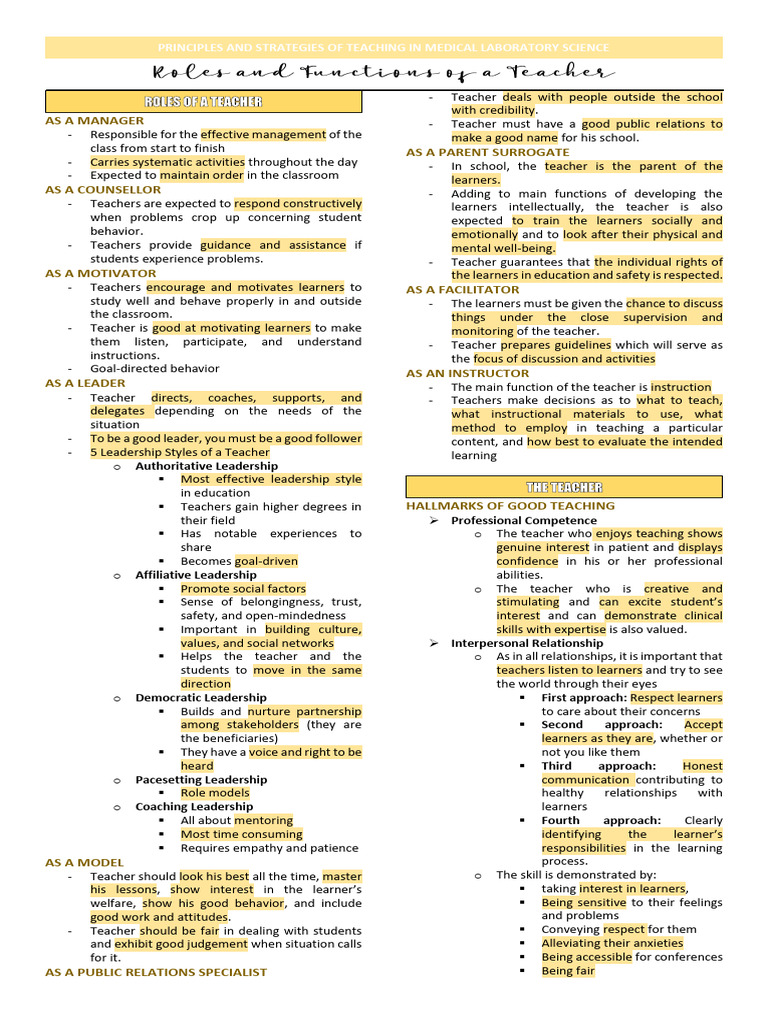 Roles and Functions of A Teacher | PDF | Teachers | Learning