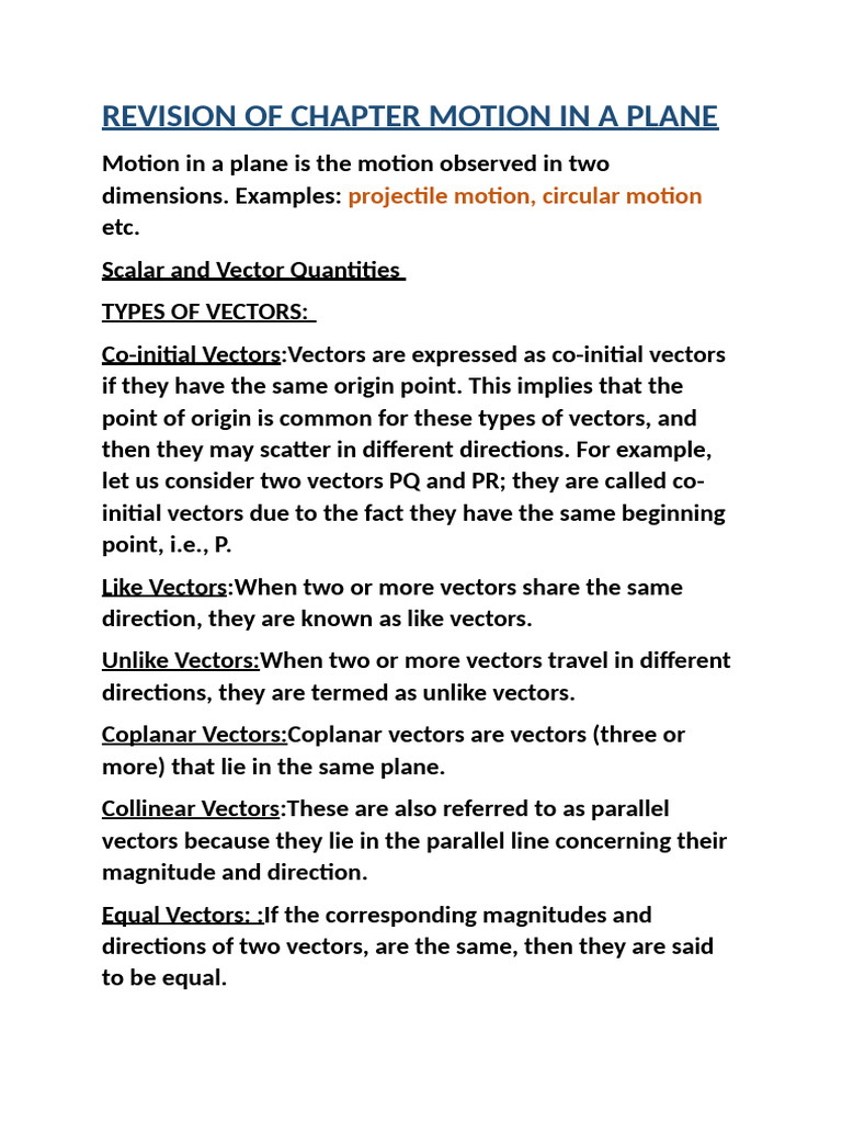 Revision of Chapter Motion in A Plane | PDF | Euclidean Vector | Line (Geometry)