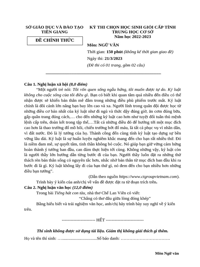 De Van HSG THCS Tinh - Chinh Thuc 22-23 | PDF