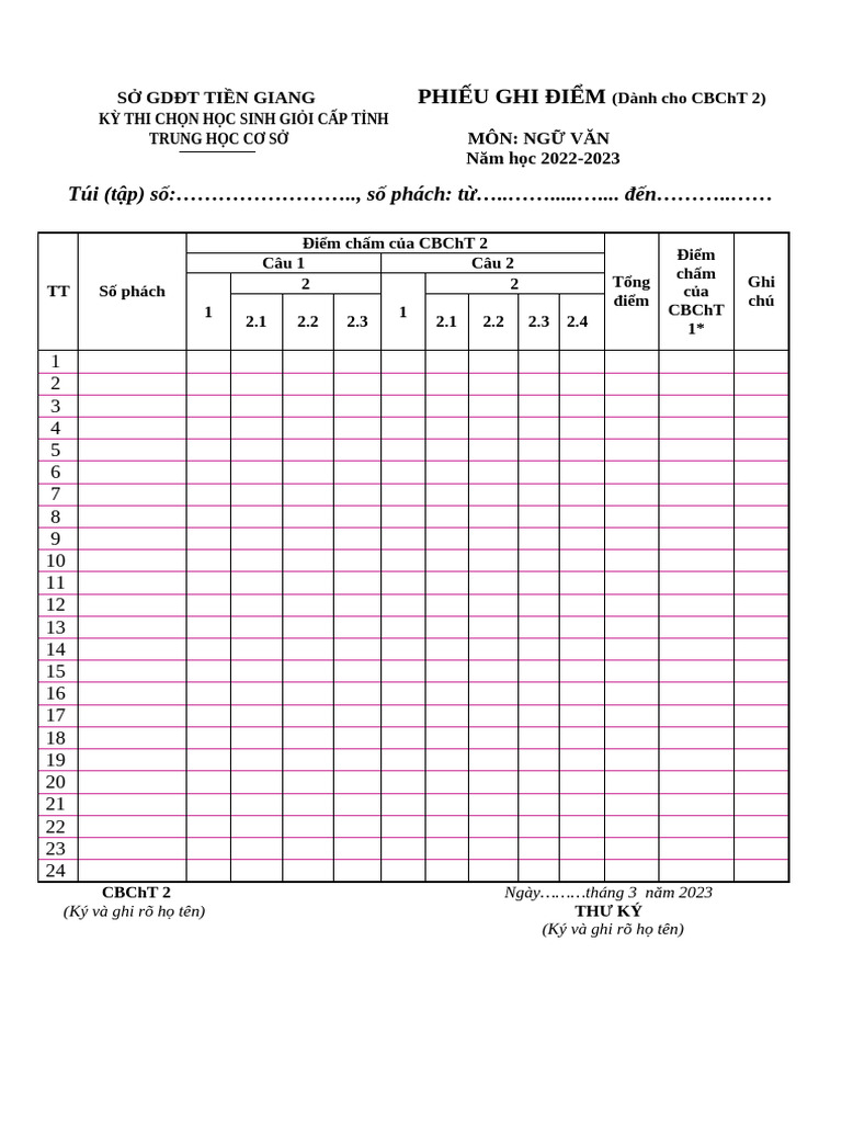 PHIEU - CHAM - lan2-NGU VAN 22-23 | PDF