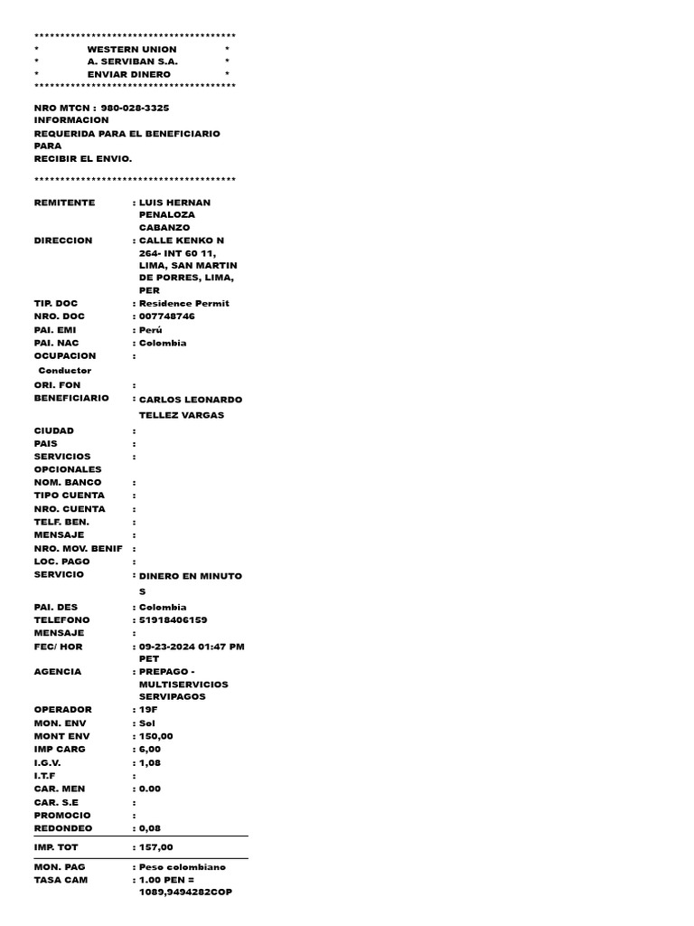 Recibo Wupos (Punto de Venta de Western Union) 3 | PDF | Western Union ...