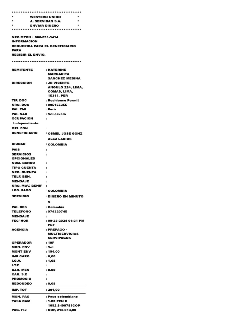 Recibo Wupos (Punto de Venta de Western Union) 2 | PDF | Western Union ...