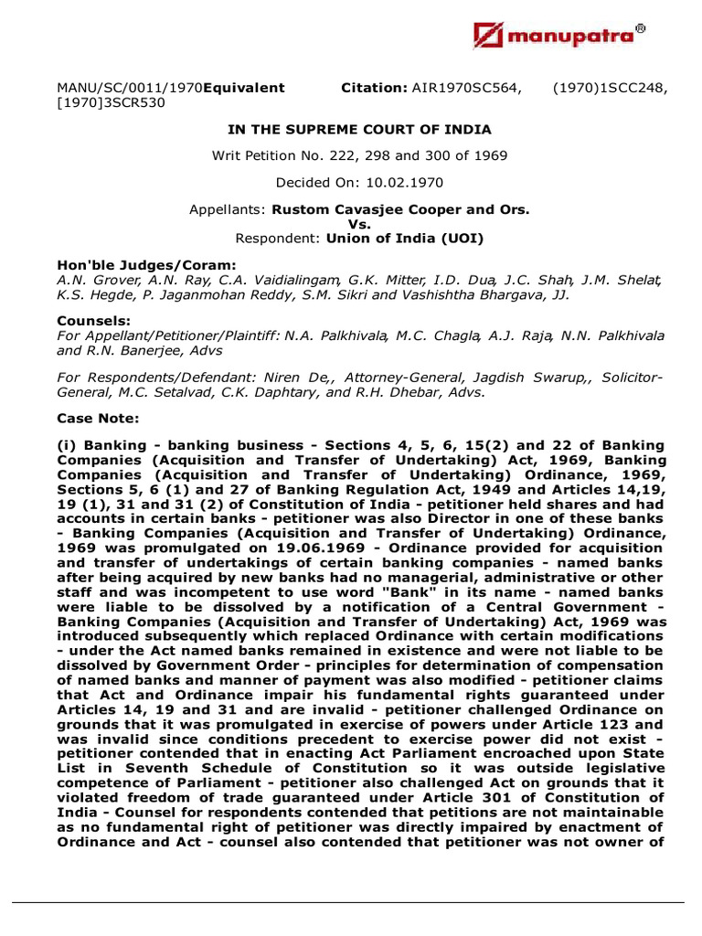 Rustom Cavasjee Cooper and Ors Vs Union of India Bank Nationalisation ... Rustom Cavasjee Cooper and Ors Vs Union of India Bank Nationalisation ...
