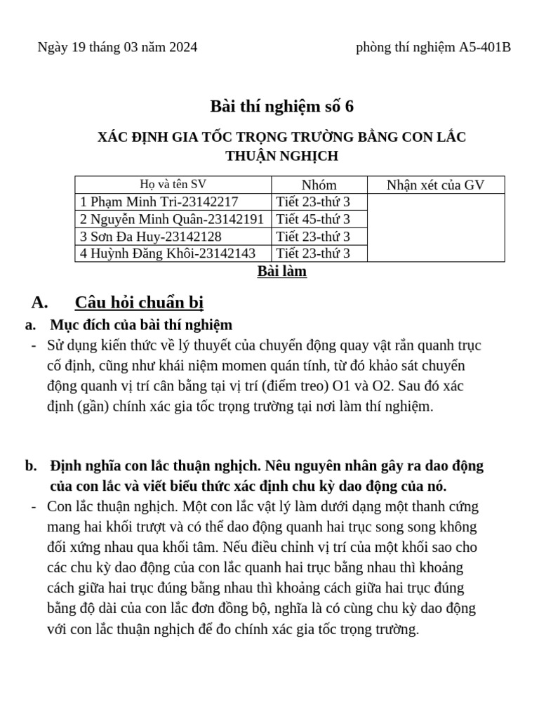 tnvl bài 6 con lắc thuận nghịch | PDF