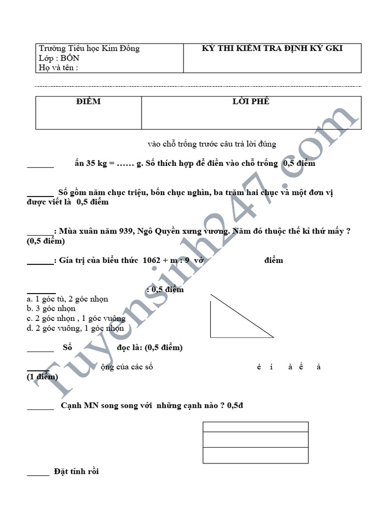 De Kiem Tra Giua Hoc Ky 1 Mon Toan Lop 4 Nam 2018 Tieu Hoc Kim Dong | PDF