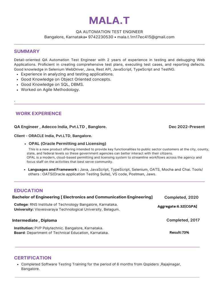 Mala.T Resume | PDF | Selenium (Software) | Software Testing
