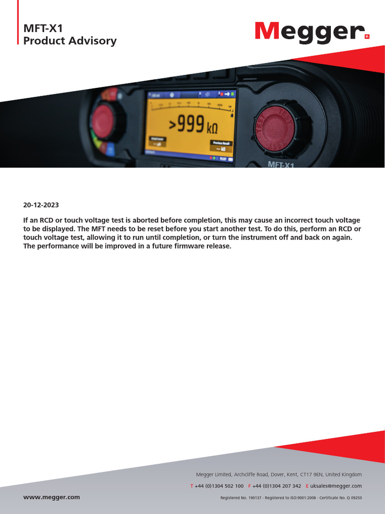 MFT-X1 Product Advisory: Megger Limited, Archcliffe Road, Dover, Kent ...
