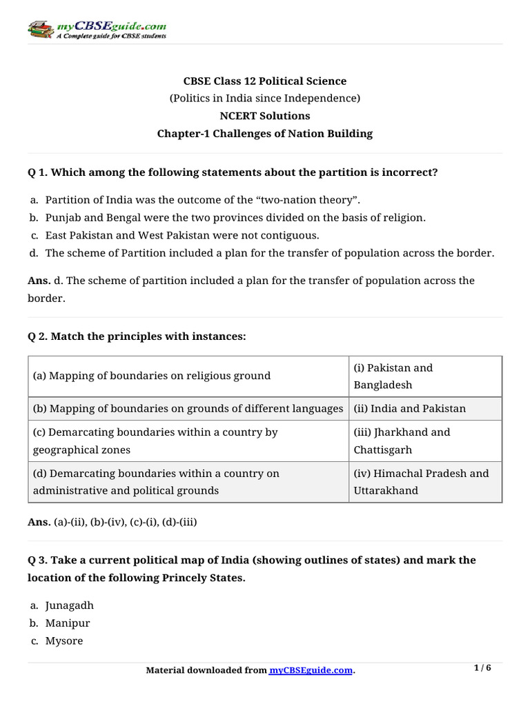 Chapter 10 Challenges of Nation Building Study Important | PDF ...