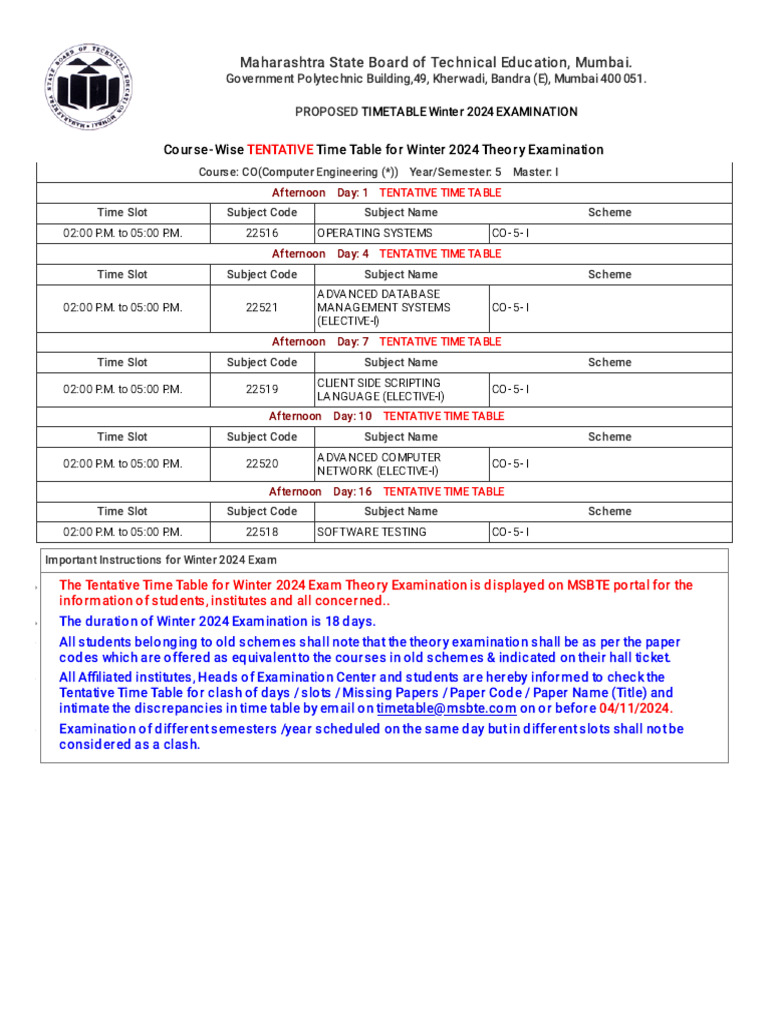 Time Table For Winter 2024 Theory Examination | PDF