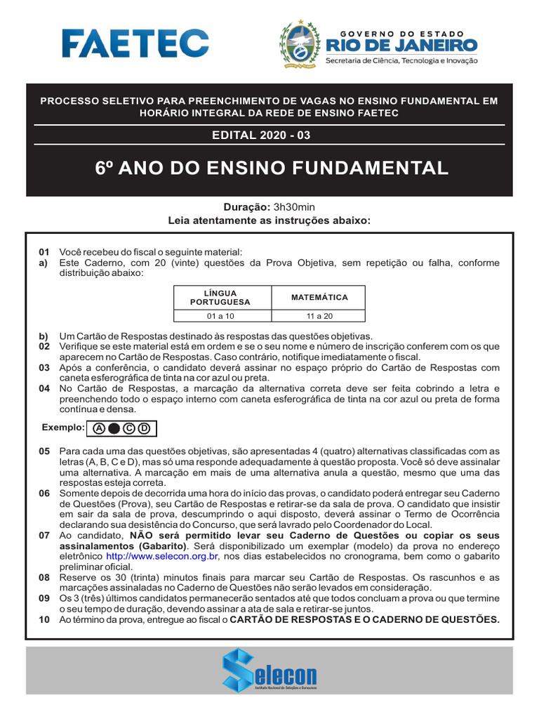 FAETEC EF 2020 6ANO Prova Gabarito | PDF | Céu | Geociências