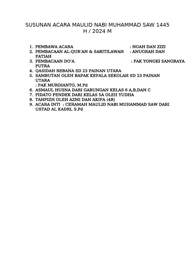 Acara Maulid Nabi 2024 di SD 23 Painan Utara | PDF