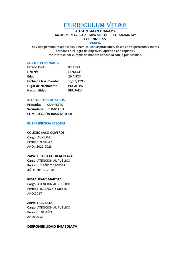 Curriculum Vitae de Allison Galan Tuanama | PDF