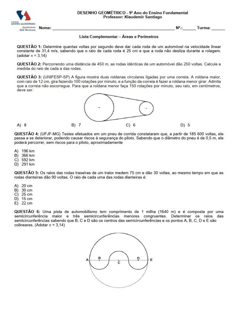 Lista Complementar - Área e Perímetro | PDF | Círculo | Formas geométricas