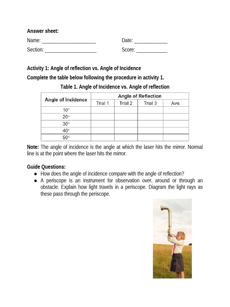 Reflection and Mirrors Activity Sheet | PDF