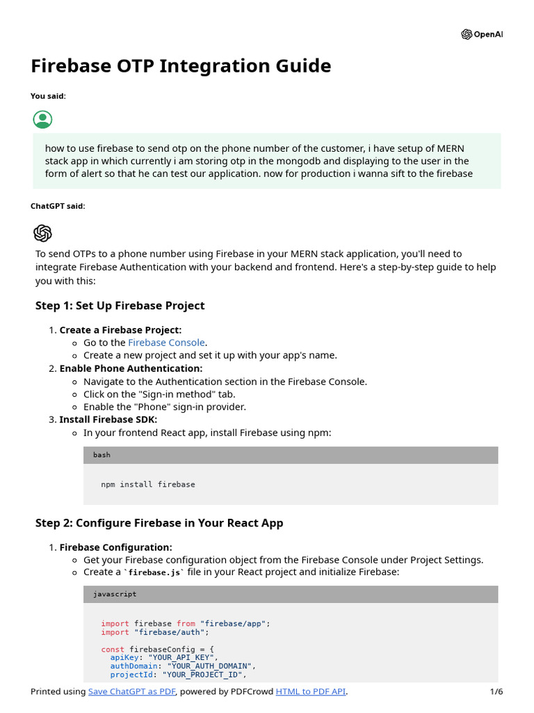 Firebase Otp Integration Guide Pdf Java Script Software Development
