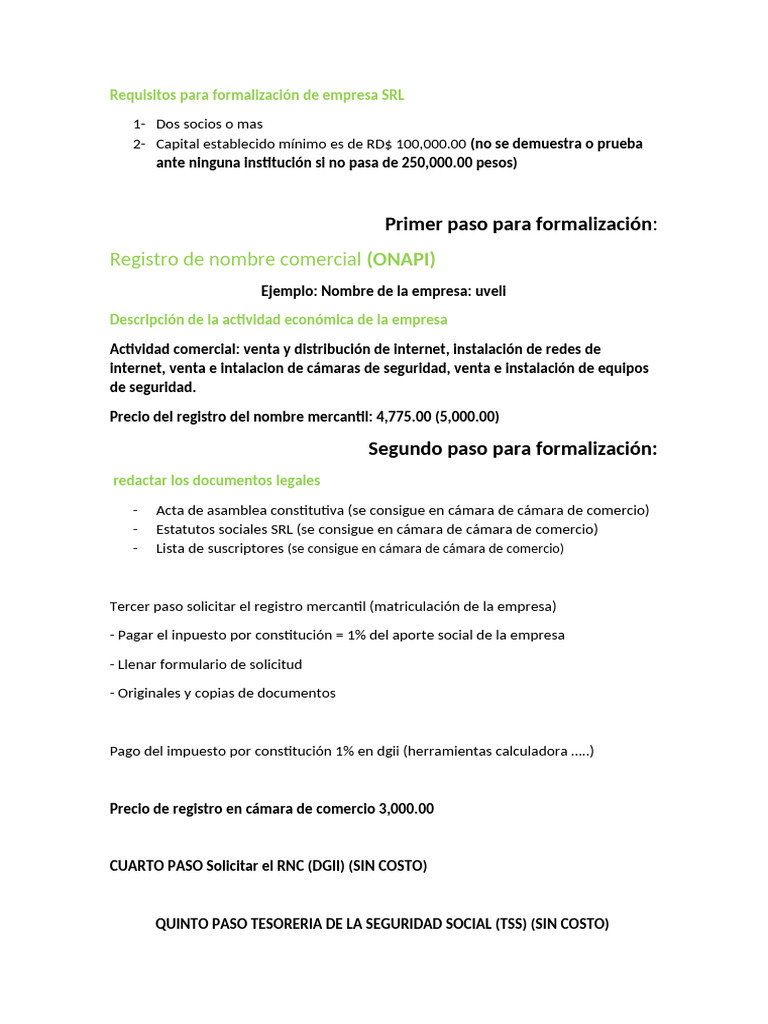 Requisitos para Formalización de Empresa SRL | PDF
