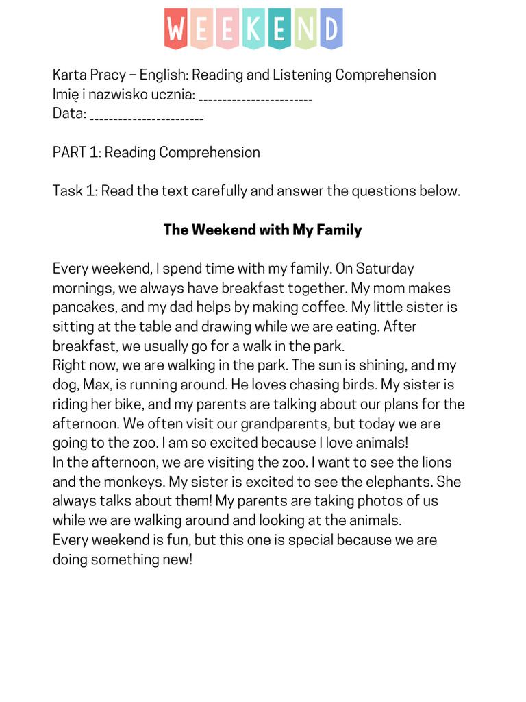 Karta Pracy - English Reading and Listening Comprehension Imię I Nazwisko Ucznia - Data - PART 1 ...