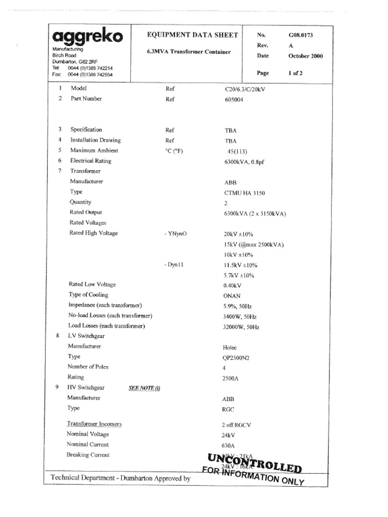 6.3 MVA Data Sheet & Transformer Drawings, M020109 | PDF