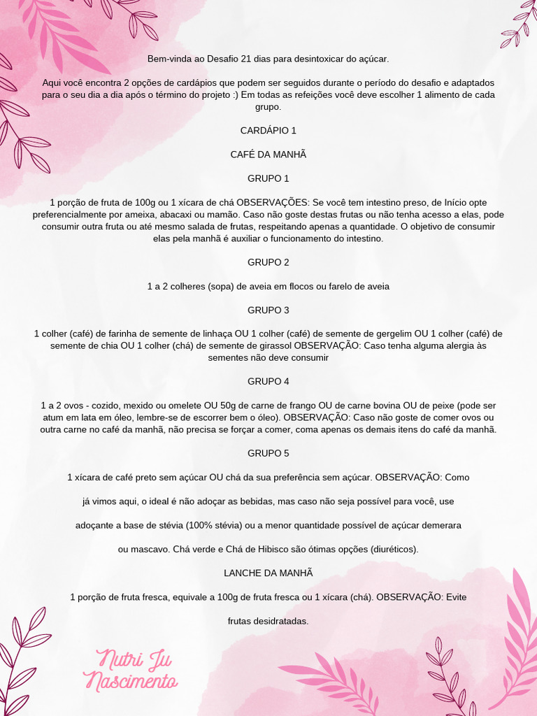 Cardápio - Desafio 21 Dias Sem Açúcar - Nutri Ju Nascimento | PDF | Chá ...