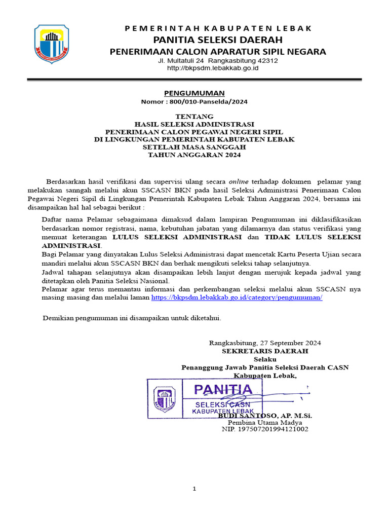Hasil Seleksi Administrasi Pasca Sanggah CASN PNS Formasi 2024 | PDF
