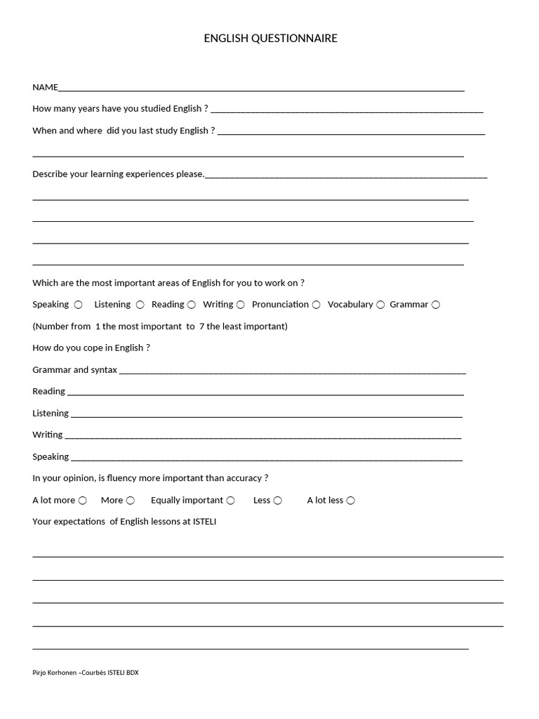 English Questionnaire | PDF