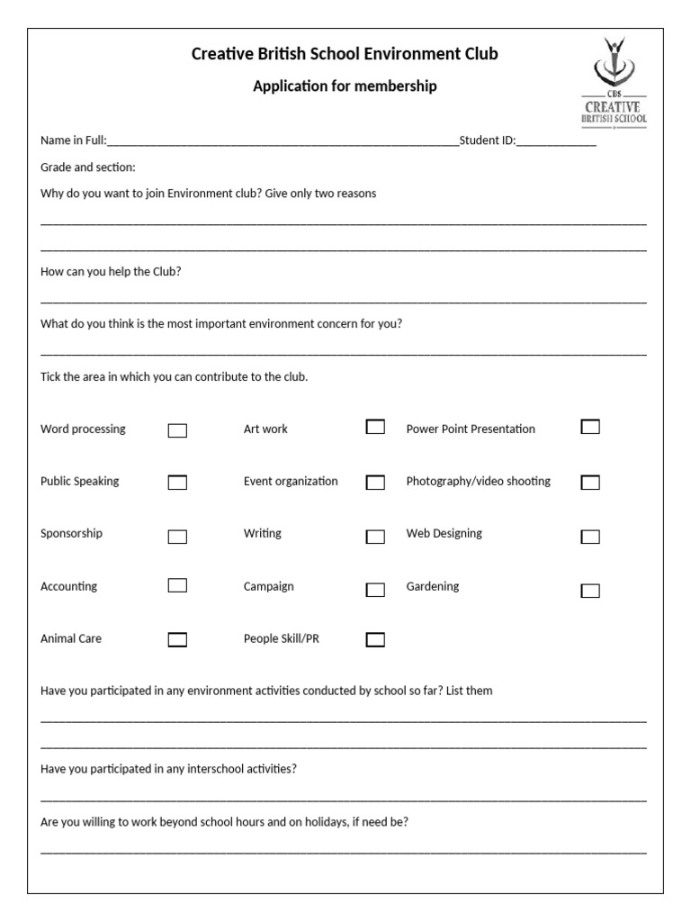 Eco Club Membership Application Form | PDF