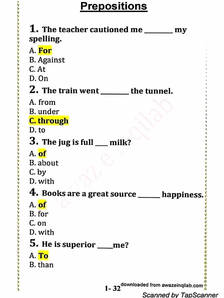 Preposition MCQs | PDF
