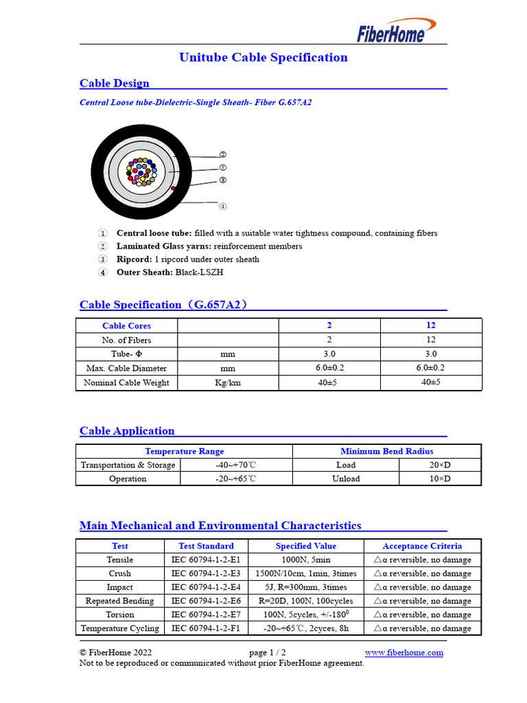 FiberHome Cable Specification LSZH Unitube | PDF | Optical Fiber ...