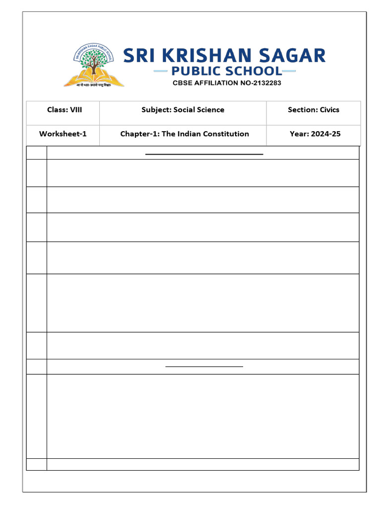 Indian Constitution Worksheet for Class 8 | PDF | Constitution ...