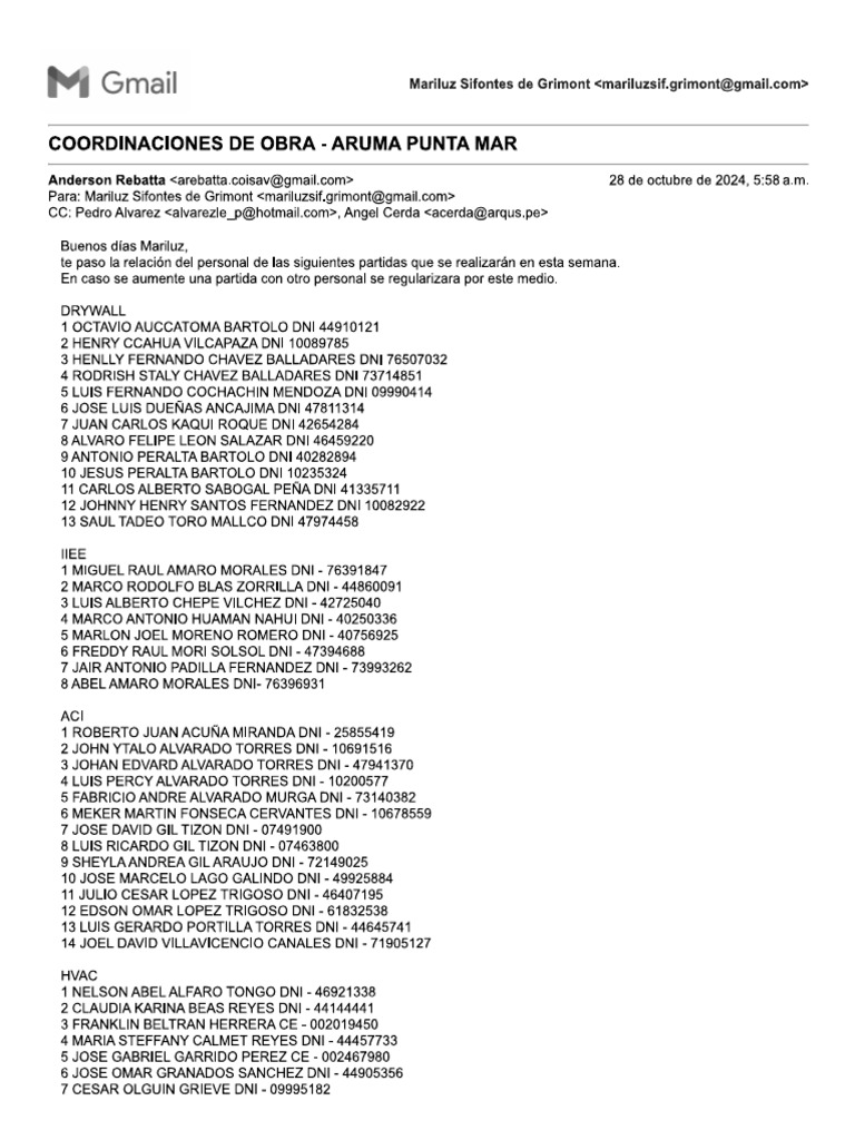 Lista Actualizad Personal Obra Tottus Aruma | PDF