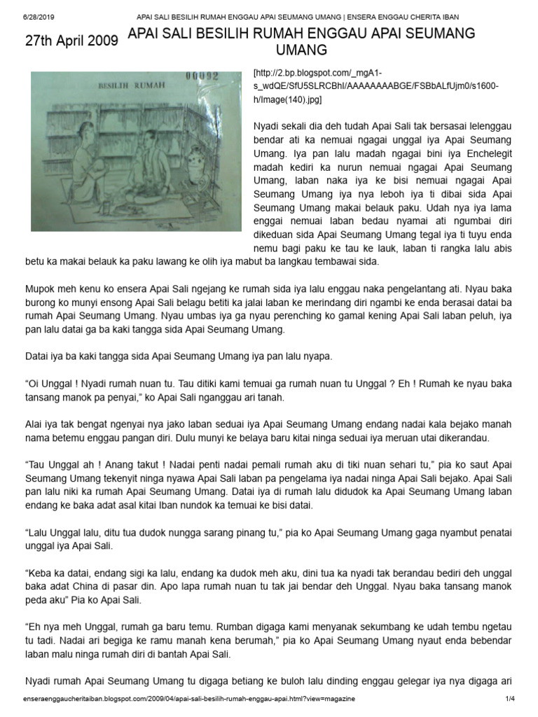 Apai Sali Besilih Rumah Enggau Apai Seumang Umang - Ensera Enggau Cherita Iban | PDF | Fiksi ...