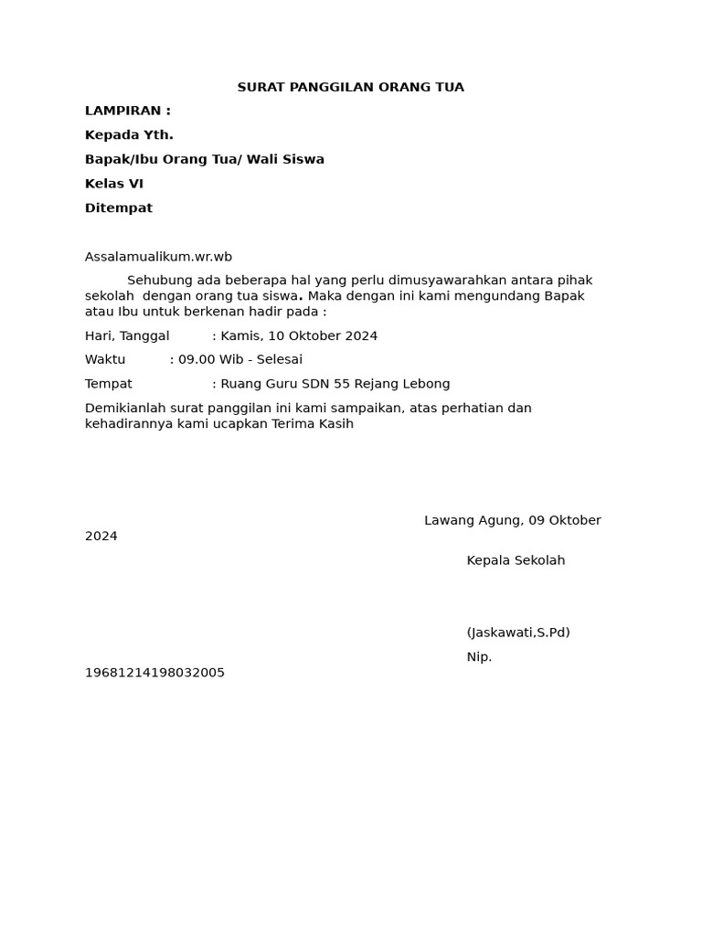 Surat Panggilan Orang Tua Siswa VI | PDF