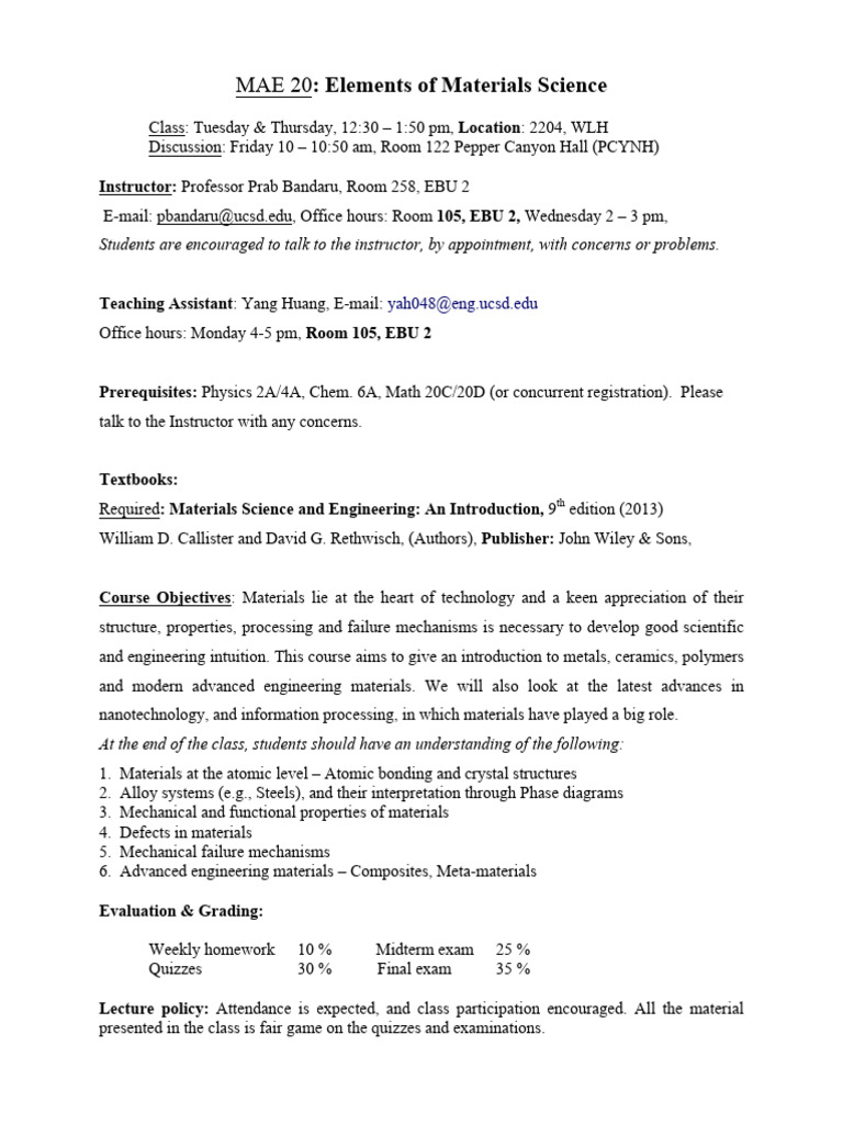 MAE 20 Intro Class Handout - WInter - 2017 | PDF | Solid | Materials Science