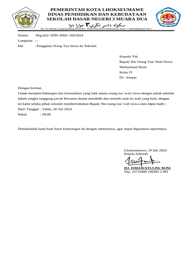 SURAT Panggilan Orang Tua | PDF